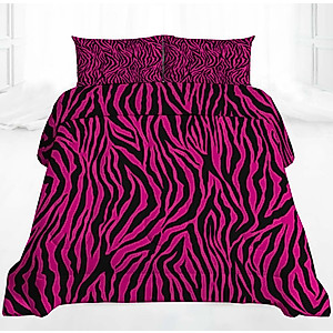 NYDYCMX Zebra Print Comforter Queen Size,Leopard Skin Down Alternative Duvet Insert,Hot Pink Wild Animal Bedding Set for Kids Gilrs Women Youth,Modern Black Bedroom Dorm Decor Quilt Sets 3 Pcs