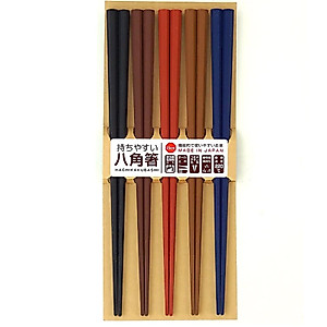 Polygonal Shape 5 Pairs PBT Plastic Chopsticks Reusable Chopsticks Dishwasher Safe, Non-slip, Lightweight, 9 Inches, Made in Japan (1, Octagonal Deep Colors)