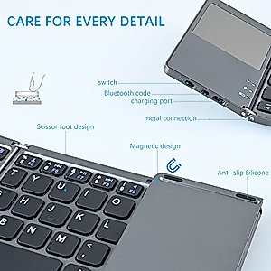 JPHTEK Foldable Bluetooth Keyboard with Touchpad, Portable Wireless Keyboards, Rechargeable Full Size Ultra Slim Pocket Folding Keyboards for Android Windows iOS Tablet & Laptop Gray