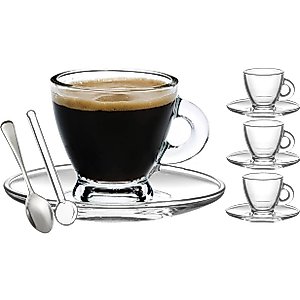 BOHEM'S Espresso Cups, 3.2 oz Small Demitasse Clear Glass Espresso Drinkware, Set Of Cups, Saucers and Stainless Steel mini Spoons + Free Glass Spoons (set of 4)