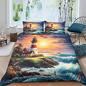 SorEci Coastal Lighthouses Duvet Cover 3D Art Styles Printed Bedding Set Comforter Cover with Zipper Closure for Kids Teens Adults (2 Pillow Shams,1 Duvet Cover) Queen（228x228cm）