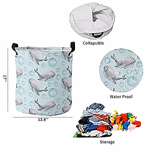 Cartoon Marine Life Freestanding Laundry Basket with Handles, Collapsible Waterproof Large Laundry Hamper for Baby Nursery Kids Room Dorm Storage, Ocean Theme Cute Whale and Bubble