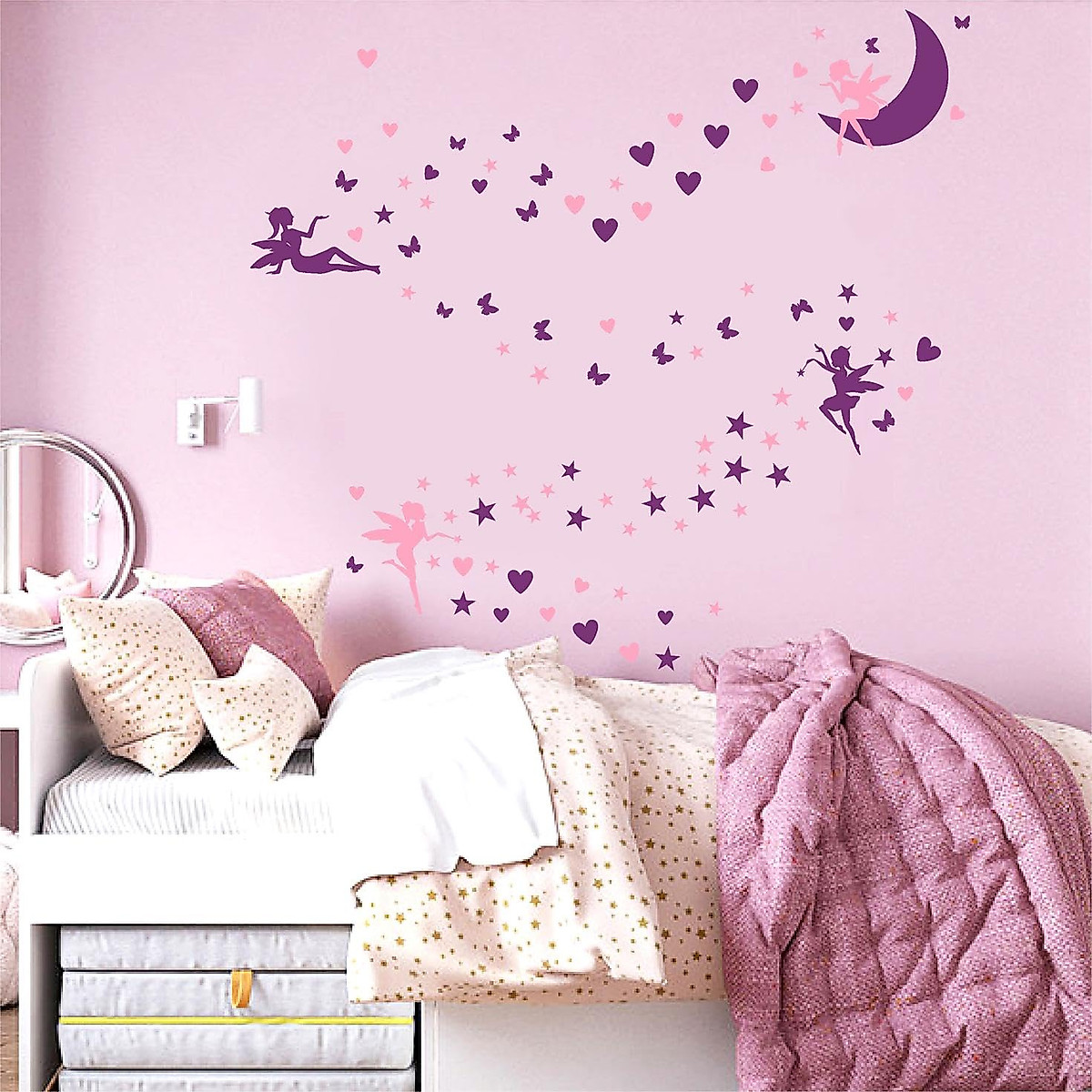 IKEYU Fairy Wall Sticker Girls Fairy Wall Decals Nursery Fairies Wall Stickers Butterfly Pink Purple Star Heart Wall Decals for Girls Bedroom Kids Room Decor