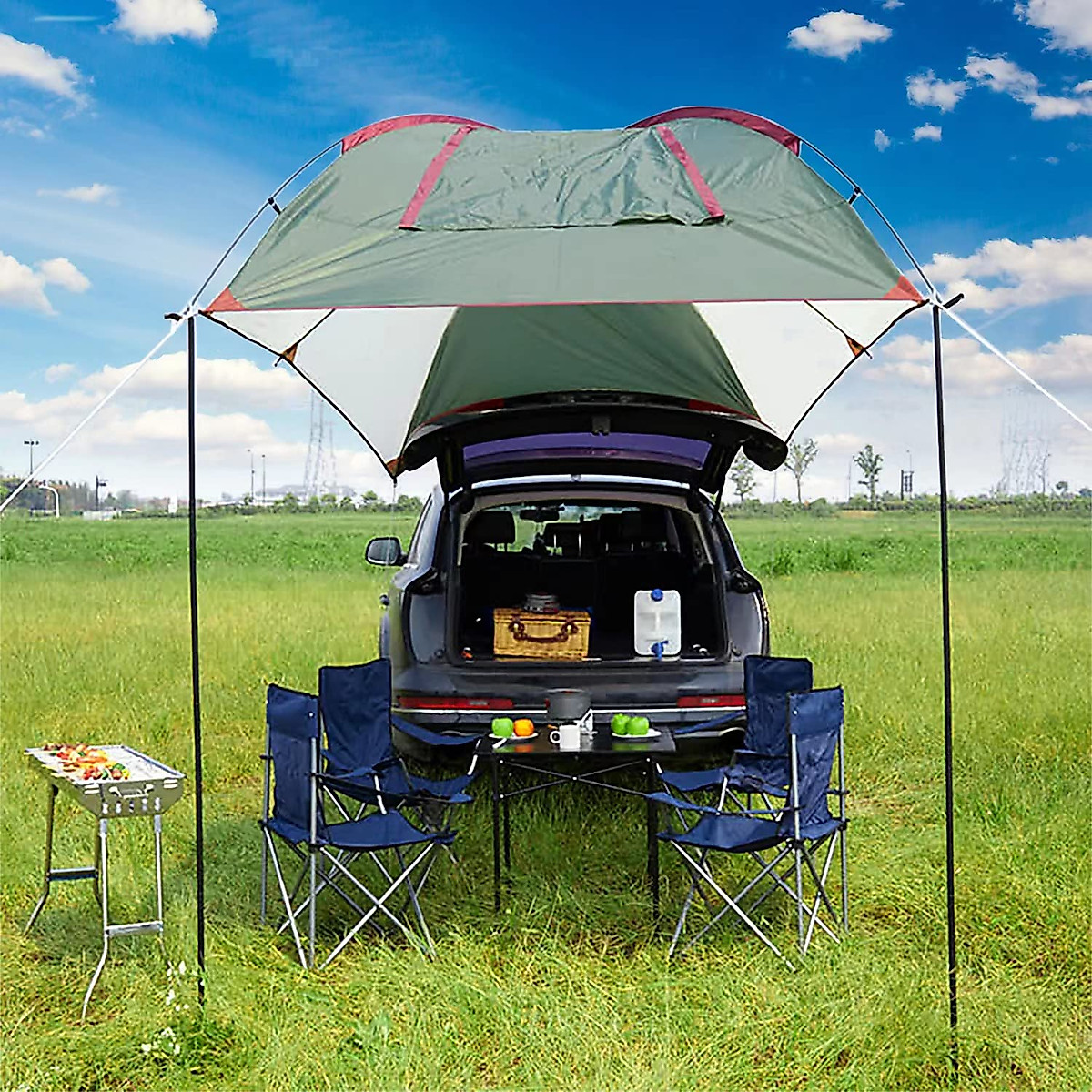 Wind Tour Portable Waterproof Car Rear Tent Outside Camping Shelter Outdoor Car Tent Trailer Tent Roof Top for Beach (Green+White)