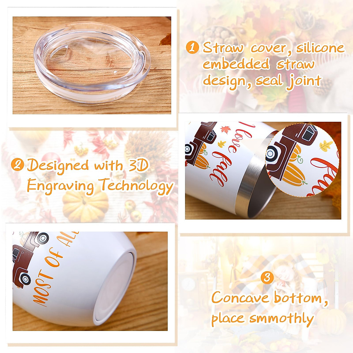 Uiifan 6 Pcs Thanksgiving Happy Fall Y'all 12 oz Wine Tumbler, Novelty Hello Pumpkin Maple Leaves Funny Autumn Gift, Give Thanks Autumn Coffee Mug Decor for Thanksgiving Halloween Party Supplies