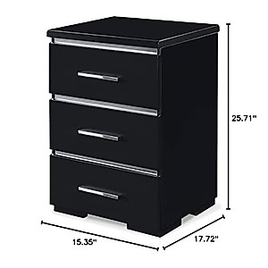 Finch Belmont Fully Assembled Nightstand Modern Mirrored Accent, Bedside End Table with Silver Handles, 3-Drawer, Black