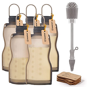 haakaa Reusable Silicone Breastmilk Storage Bag(9oz,5pk) Bottle Cleaning Brush Set| Breastmilk Freezer Bag|Breastfeeding Milk Pouch|Breast Pump Bag|Self Standing Storing Pouch- BPA Free- No Leak