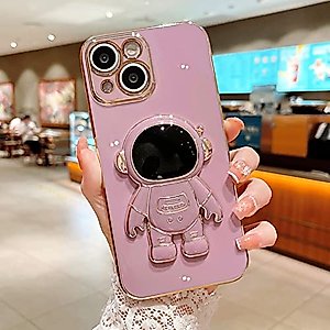 AIGOMARA 6D Plating Astronaut Hidden Stand Case Cover for iPhone 14 Plus Women Astronaut Folding Bracket Kickstand iPhone Case with Camera Protector Soft TPU Shockproof Bumper 6.7 in 2022 - Purple