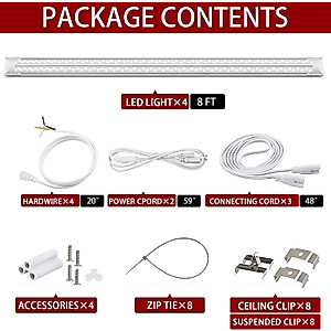 VShape 8FT LED Shop Light Fixture, 100W, 13000LM, 6000K Super Bright White, Linkable LED Garage Lights Fixture, 8 Foot LED Shop Lights for Workshop, T8 Tube Light, No RF & FM Interference, 4-Pack