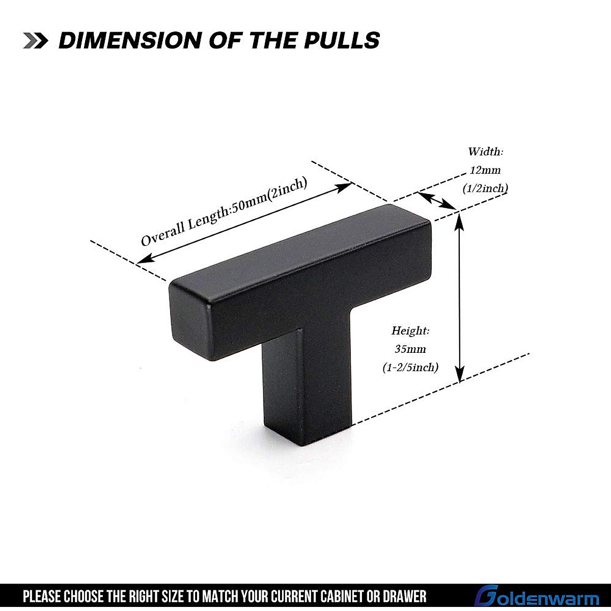 goldenwarm Black Cabinet Knobs Kitchen Drawer Knobs - LSJ12BK Square T Bar Cabinet Knobs Matte Black Hardware for Cabinets Single Hole (2in Overall Length) 50 Pack