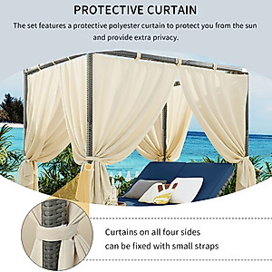 Merax Outdoor Patio Wicker Sun Bed with Canopy, Overhead Curtains, Cushions, Lounge Charis with Adjustable Seats, Blue