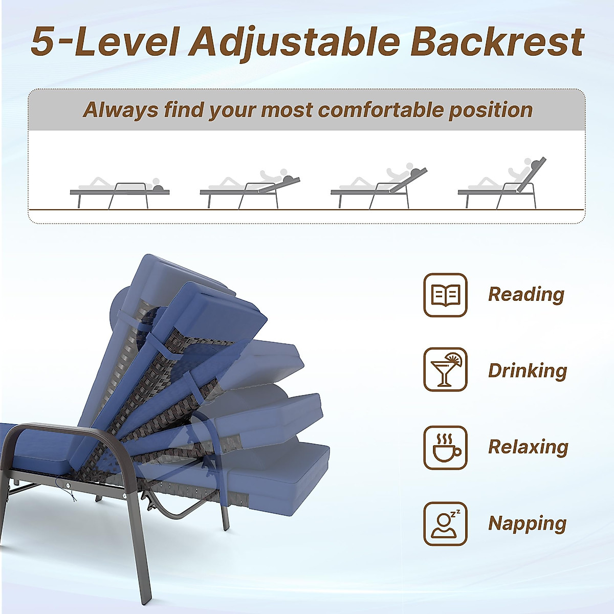 Gotland Patio Chaise Lounge Sets Outdoor Armchair Recliner Rattan Adjustable Back 3 Pieces Cushioned Patio Folding Chaise Lounge with Folding Table