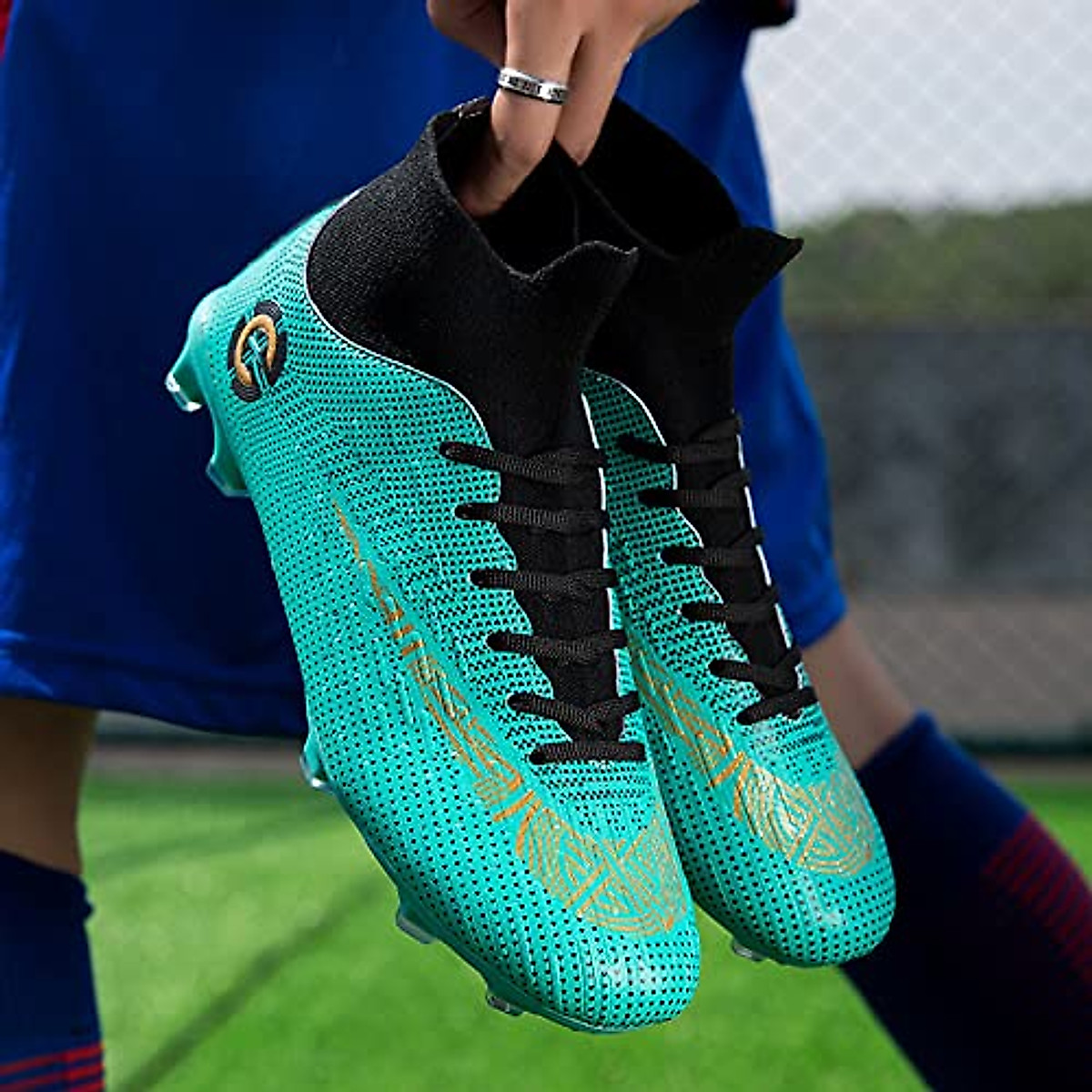 Men's Soccer Cleats Football Shoes Lightweight High-Tops Lace-Up Non-Slip Spikes Green EU 40