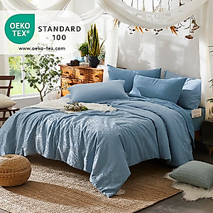 Geniospin King Comforter Set, Bed in a Bag Blue 7-Pieces, Botanical Pattern, All Season Comfortable Seersucker Bedding with Comforter, Sheets, Pillowcase & Shams (King, 102"x90")