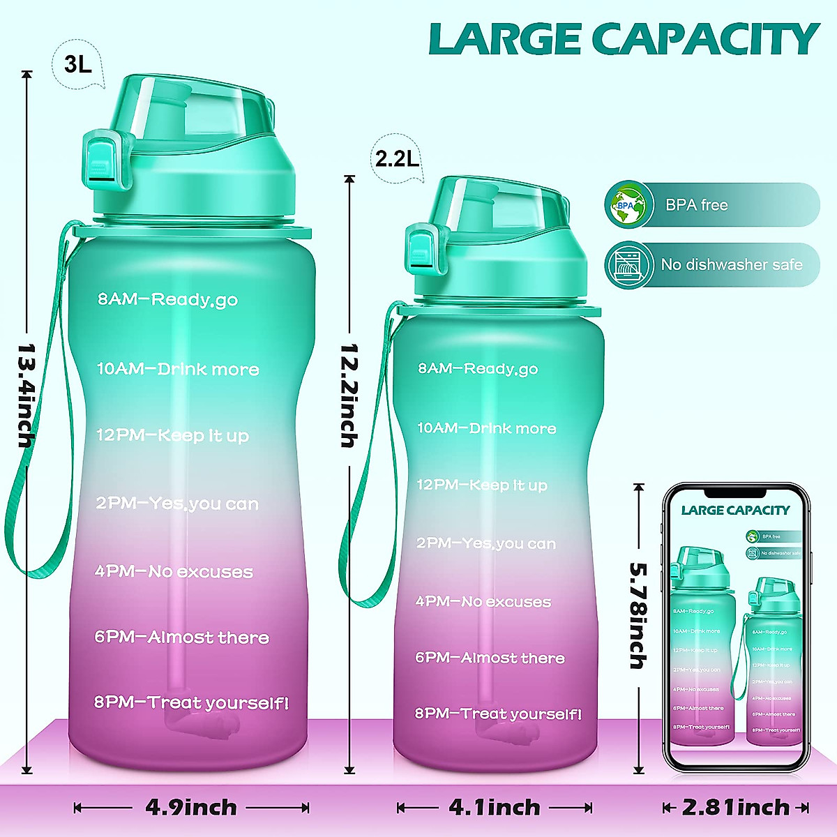4AMinLA Motivational Water Bottle 2.2L/64oz Half Gallon Jug with Straw and Time Marker Large Capacity Leakproof BPA Free Fitness Sports Water Bottle