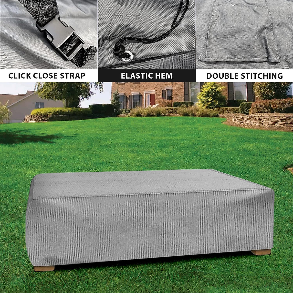 Large Slim Outdoor Ottoman or Coffee Table Cover - Outdoor Square Table Covers - Patio Ottoman Washable - Heavy Duty Furniture 50x26x20 Grey