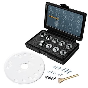 POWERTEC Dia 6-1/2" Router Base Plate & 10Pcs 5/16 to 1" Short Shank Router Template Bushing Guide Sets & Centering Pin. Fits Porter Cable, Craftsman, DeWalt, Bosch, Milwaukee Router Sub Bases (71778)