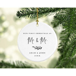 Andaz Press Personalized Gay Couple Wedding Round Ceramic Porcelain Tree Ornament Engagement Keepsake Gift, Our First Christmas As Mr. & Mr, 2024, Antique Handdrawn, 1-Pack Gay Christmas Ornaments