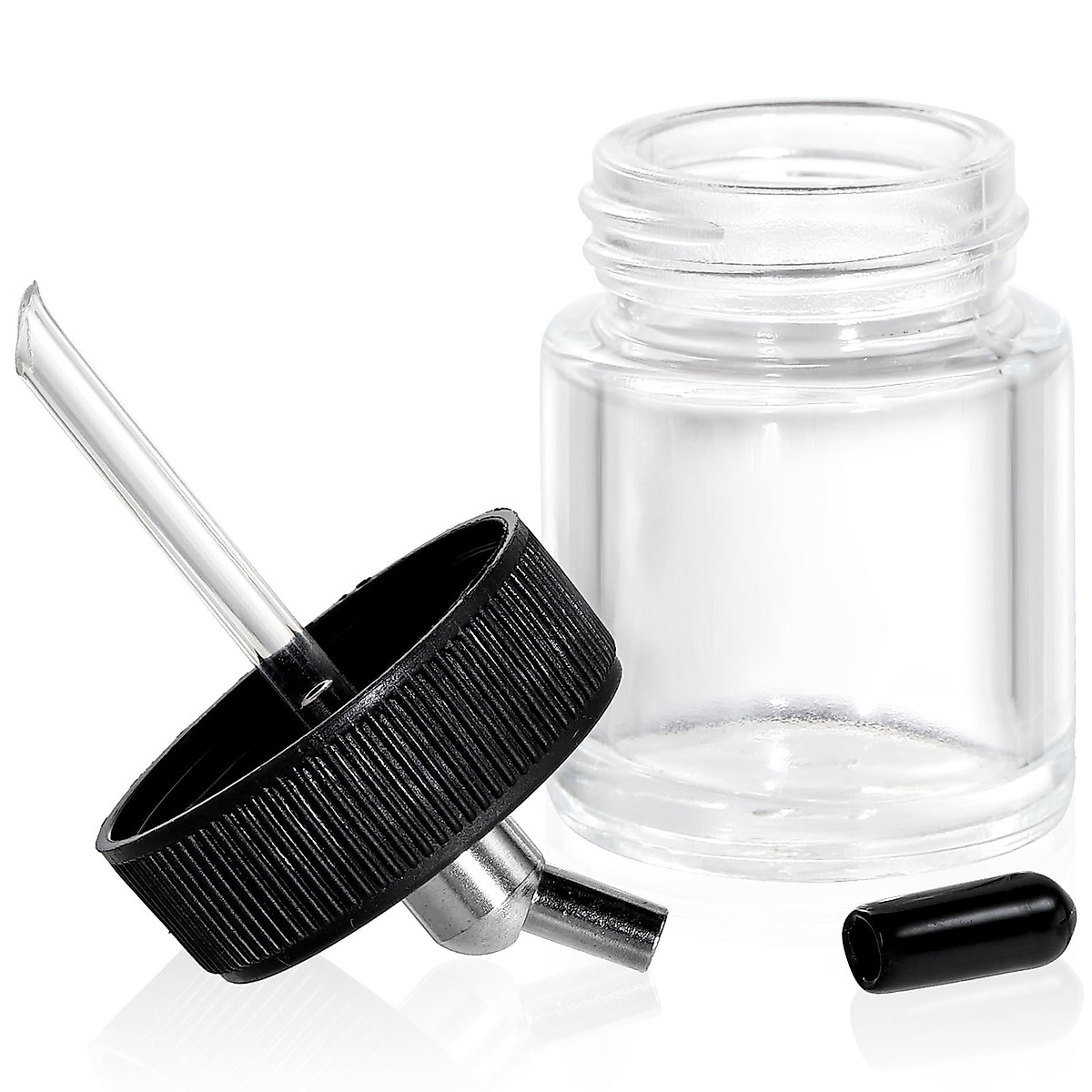 Goaste 10 Pack Glass Airbrush Bottles Kit, 22cc Empty Airbrush Jars, Transparent Airbrush Paint Storage Pot with 10pcs Cap Covers, 30° Down Angle Adaptor Lids, Fits Dual-Action Siphon Feed Airbrushes