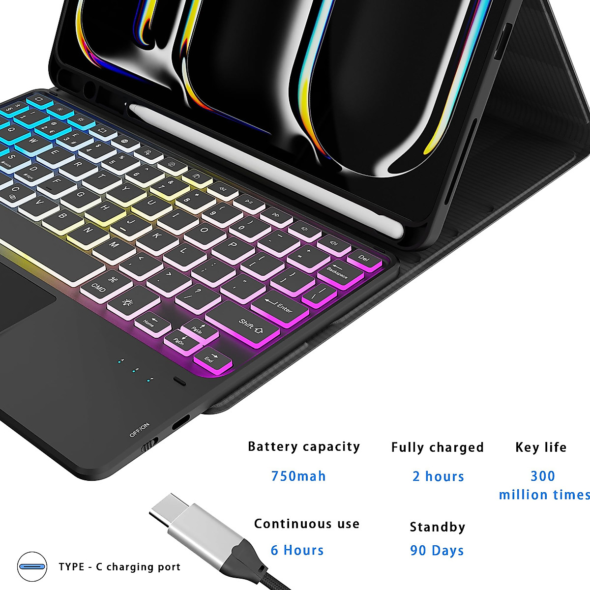 for iPad Air 11 inch (M2) 2024 & iPad Pro 11 inch 4/3/2/1.Generation & iPad Air 5/4 10.9 inch Case with Detachable Keyboard : 7 Color Backlight Tablet Keyboard Cases with Touchpad & Pencil Holder