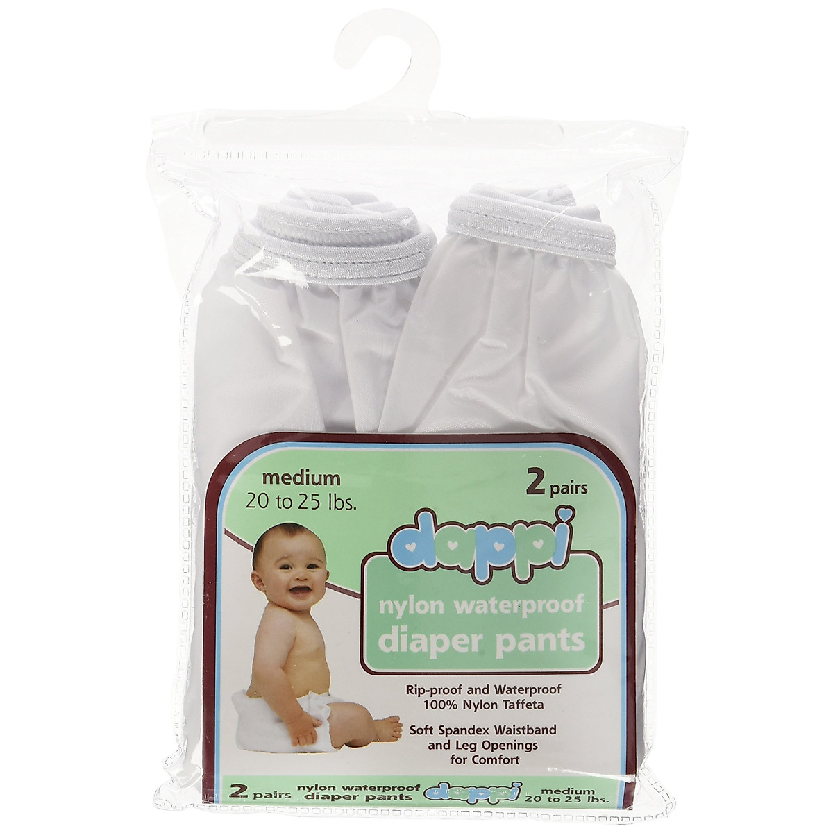 Dappi Waterproof 100% Nylon Diaper Pants, White, Medium Fits 20-25 pounds (2 Count)