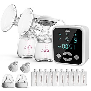 Lulia Electric Breast Pump with 10 Breastmilk Storage Bags, Breastfeeding Pump with 4 Modes and 9 Levels, Portable Breast Pump with 24mm Flanges, Strong Suction Power, Quiet, Pain Free