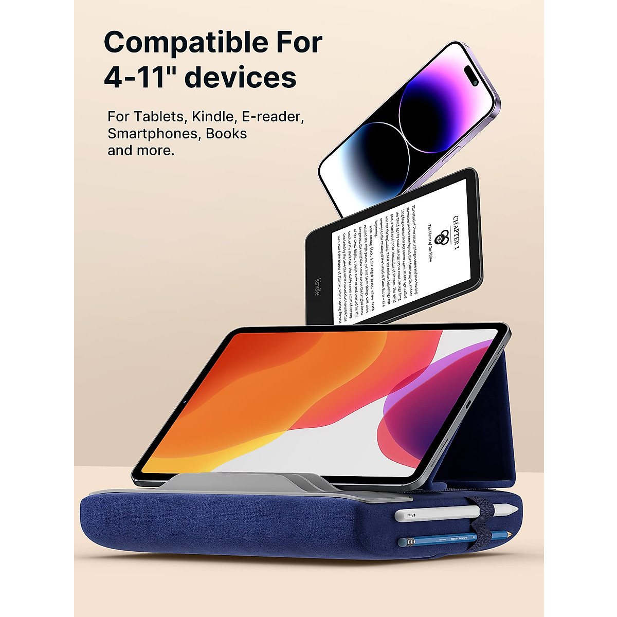 JSAUX Tablet Pillow Stand, Tablet Stand Holder Dock for Lap, Bed and Desk Compatible with iPad Pro 11 10.5 9.7 10.2 Air Mini, Kindle, Tablets, Phones, E-Reader, Books and More 4-11'' devices Navy Blue