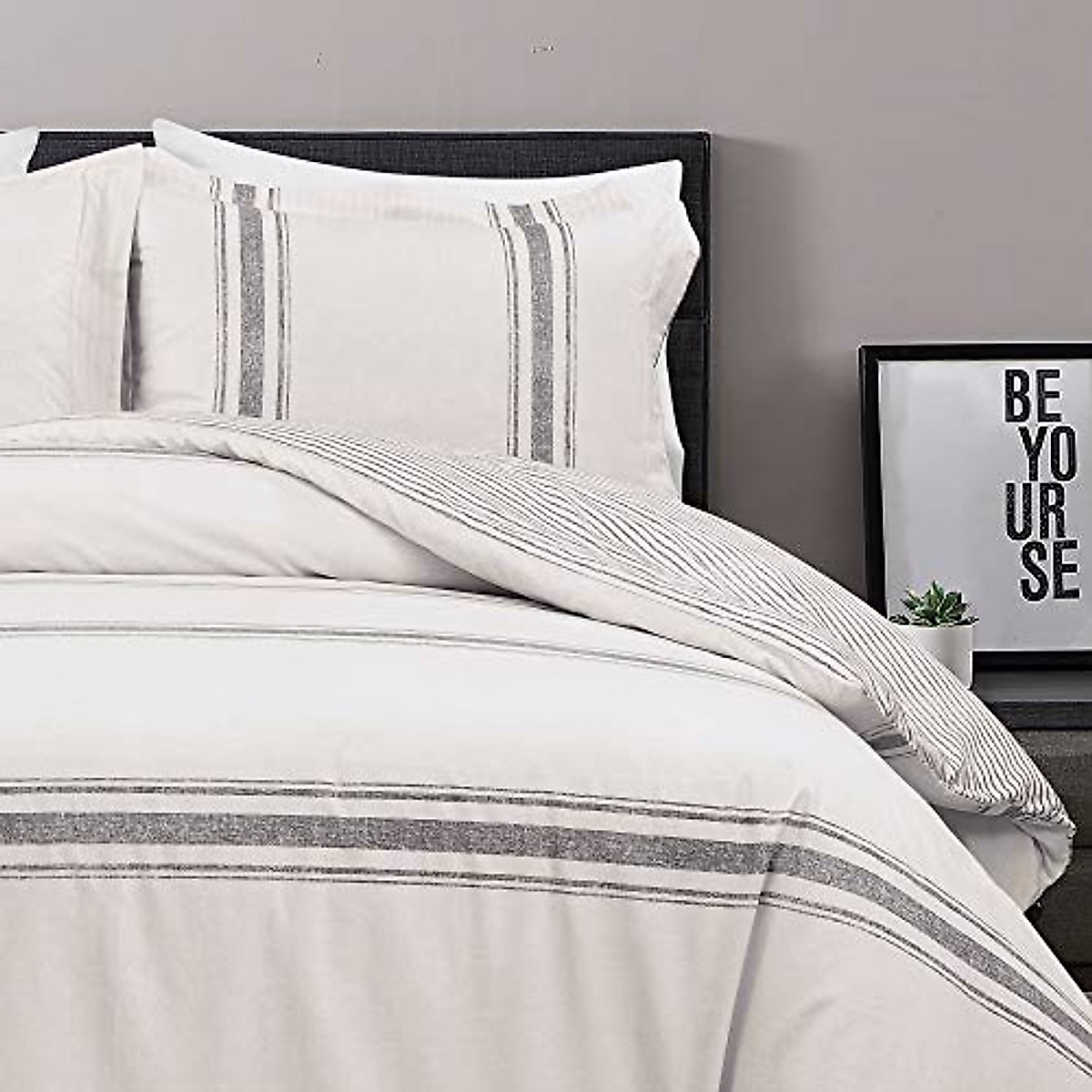 Lush Decor Farmhouse Stripe 3 Piece Duvet Cover Set, King, Gray