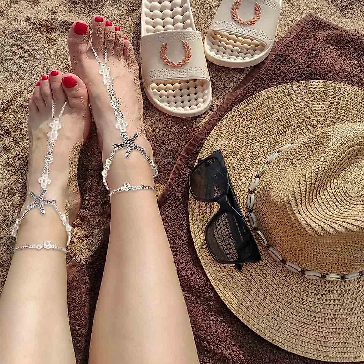 Woeoe Boho Crystal Anklet White Starfish Ankle Chains Beach Pearl Barefoot Sandals Ankle Bracelet Summer Foot Chain Jewelry for Women