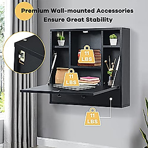 IFANNY Wall Mounted Desk, Wall Computer Desk w/Storage Drawer & Shelves, Compact Floating Desk for Wall, Space Saving Wall Desk Fold Down, Wall Desks for Small Spaces (Black)