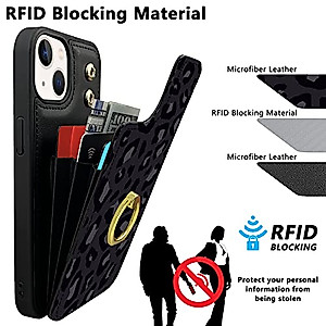 TopPerfekt Compatible with iPhone 13 Wallet Case with Card Holder, 360° Rotation Finger Ring Holder Kickstand Protective RFID Blocking PU Leather Pattern Double Buttons Flip Cover 6.1" Black Leopard