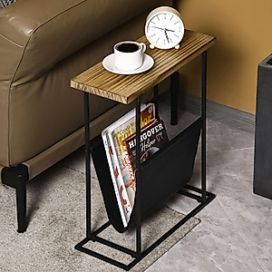MyGift 21-Inch Modern Narrow Living Room End Table with Solid Burnt Wood Tabletop and Black Metal Frame, Bedroom Nightstand Side Table with Magazine Holder Sling