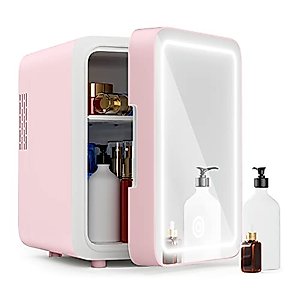 Easy-Take Skincare Fridge - Mini Fridge with Dimmable LED Mirror (4 Liter/6 Can), Cooler and Warmer, for Refrigerating Makeup, Skincare and Food, Mini Fridge for Bedroom, Office and Car, Pink