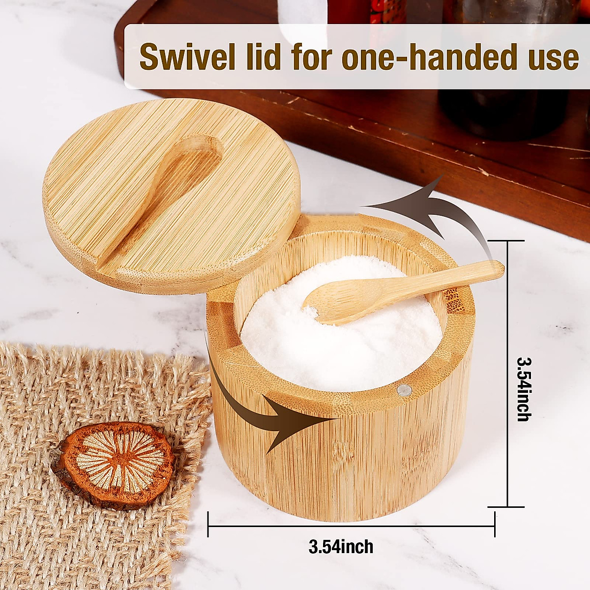 Salt Box Bamboo Salt Container with Swivel Lid, 2Pack Bamboo Salt and Pepper Box, Bamboo Salt Bowl Salt Cellar Easily Open and Seal Salt Holder Dish, Spice Cellar for Storing Salt Pepper Sugar Herbs