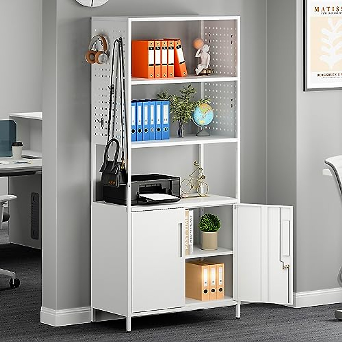 Yizosh 5-Tier Bookshelf, Tall Bookcase with Doors, Industrial Display Standing Shelf Units with Lock & Pegboard, Metal Storage Shelves for Living Room, Bedroom, Home Office (White)