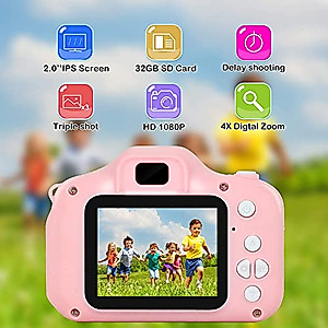 Gridspace Upgrade Kids Camera Toys for 3 4 5 6 7 8 9 Year Old Girl Christmas Birthday Gift Digital Video Camera,Mini Play Video Camera with 1080P HD 2 Inch Screen with 32GB Card