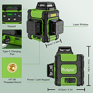 Huepar 3x360 Green Cross Line Laser Level with Pulse Mode, Li-ion Battery, Hard Case