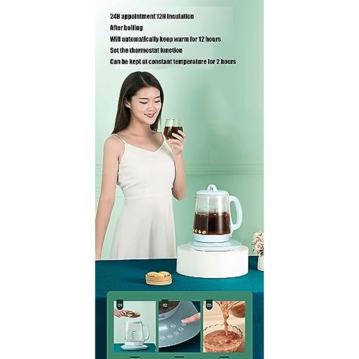 1.5L Household Electric Kettle Health Pot Automatic Thickening Glass Multi-Function Kettle Electric Boiling Teapot 12H Insulation High Borosilicate Glass A,1.5L