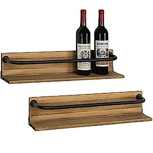 MyGift Rustic Wood & Pipe Wall-Mounted 6-Bottle Wine Rack, Set of 2