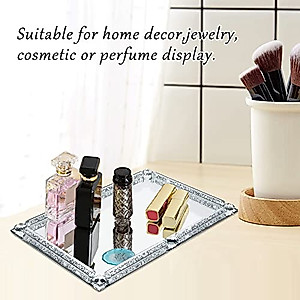 Crystal Glass Tray, Mirror Modern Dresser Cosmetic Tray with Broken Diamonds, 11.8" x 7.9" Rectangular Jewelry Trinket Perfume Tray for Bathroom Bedroom, Home Decor, Hotel Banquet, Party (Silver)