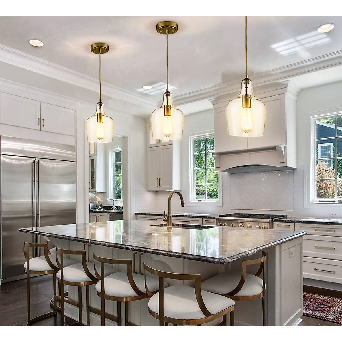 HYDELITE Modern Brushed Gold Pendant Light Fixtures Clear Glass Adjustable Cord Hanging Light for Living Room Kitchen Island Chandelier with Bell Shape