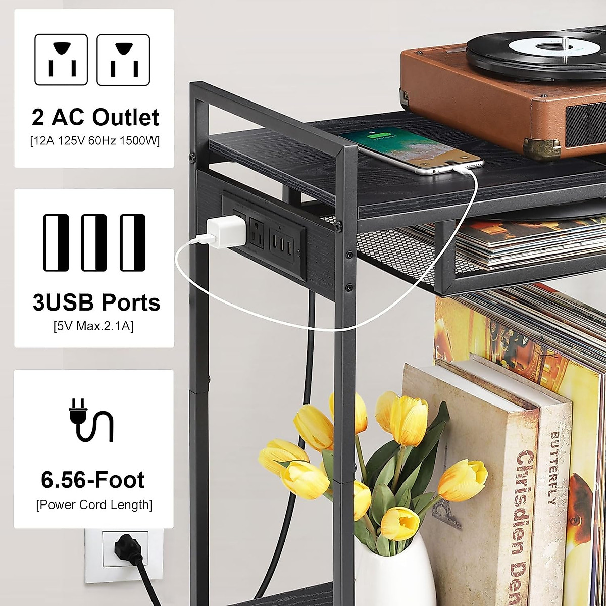 SEHERTIWY Record Player Stand with Vinyl Storage, Black Turntable Stand with Charging Station, Record Player Holder with Detachable Wheels