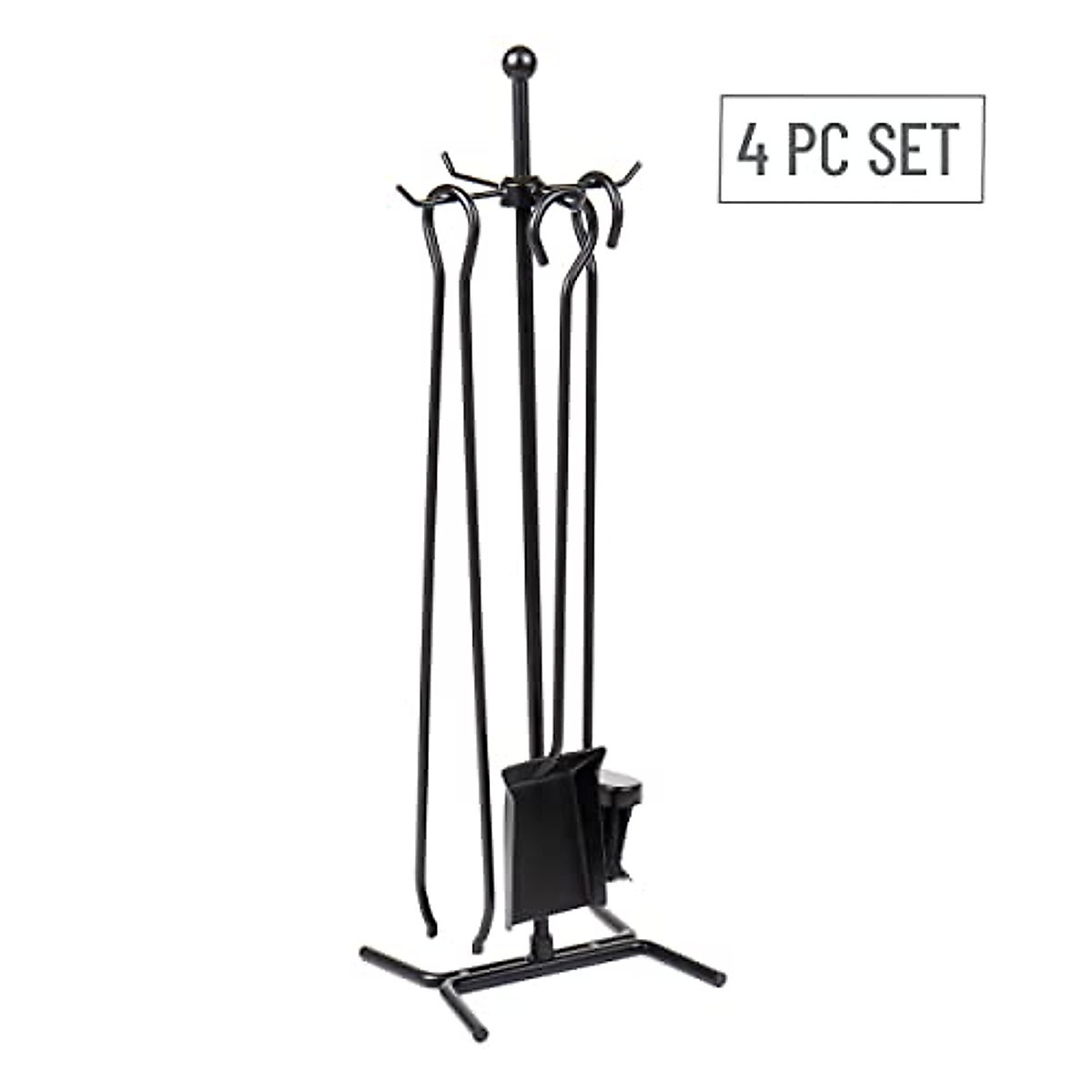 Mind Reader Fireplace Set with Stand, Brush, Shovel Scoop, Poker, Tongs, Steel, 8.25"L x 6.75"W x 26.25"H, 4 Pcs, Black