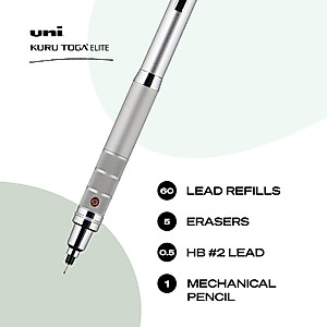 uni-ball Kuru Toga Elite Mechanical Pencil Starter Kit with Silver Barrel and 0.5mm Tip, 60 Lead Refills, and 5 Pencil Eraser Refills, HB #2