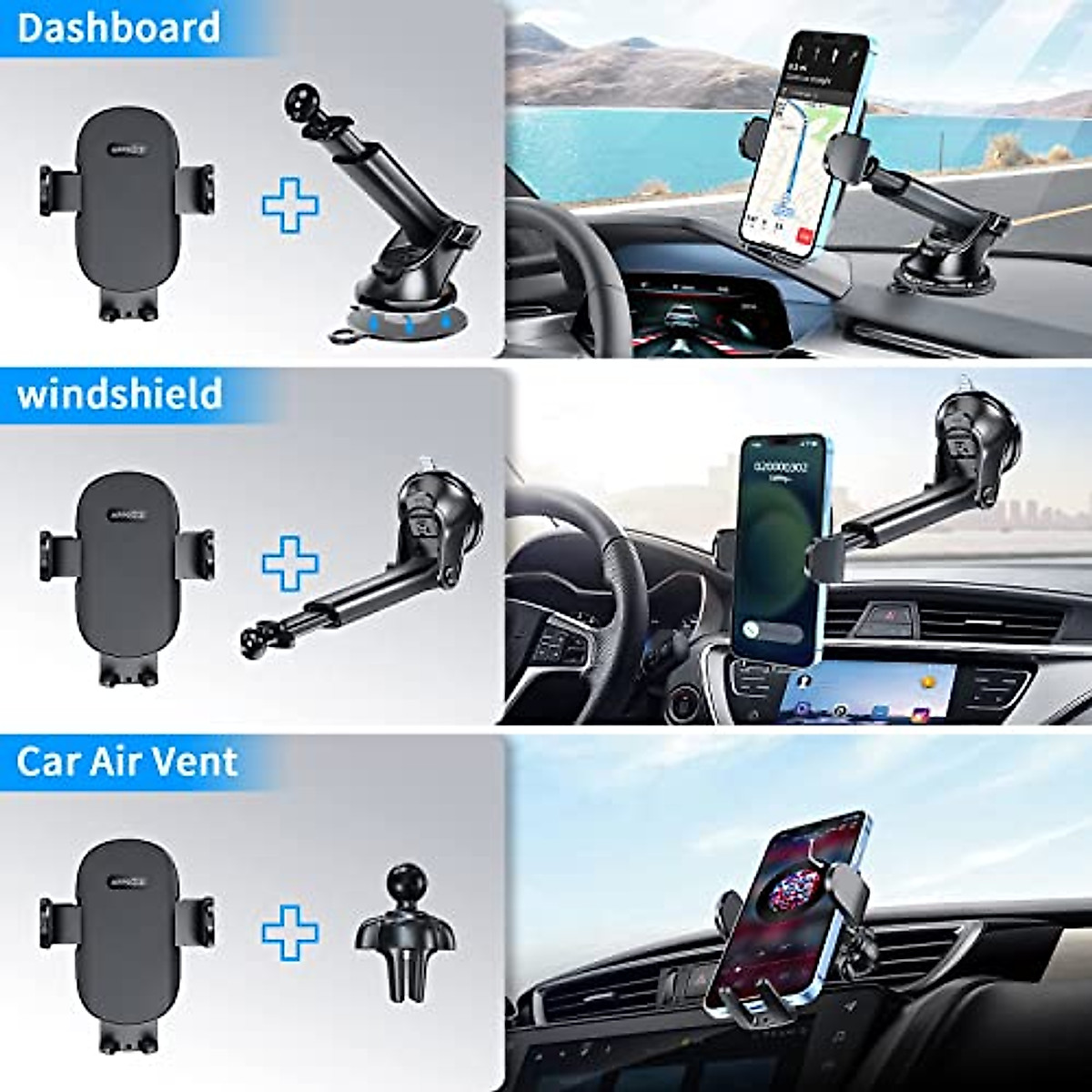 APPS2Car Phone Mount for Car, 3-in-1 Suction Cup Phone Holder for Car Dashboard Windshield Vent Universal Cell Phone Holder for Car, Compatible with iPhone, Samsung, All Cellphone, Thick Case Friendly