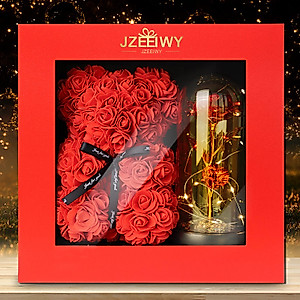 JZEEIWY Flower Rose Bear for Mom,Perfect Birthday Romantic Gift for Wife Daughter Girlfriend Friend Her,Light up Rose in Glass Dome for Birthday Anniversary Mothers Day Valentines Day