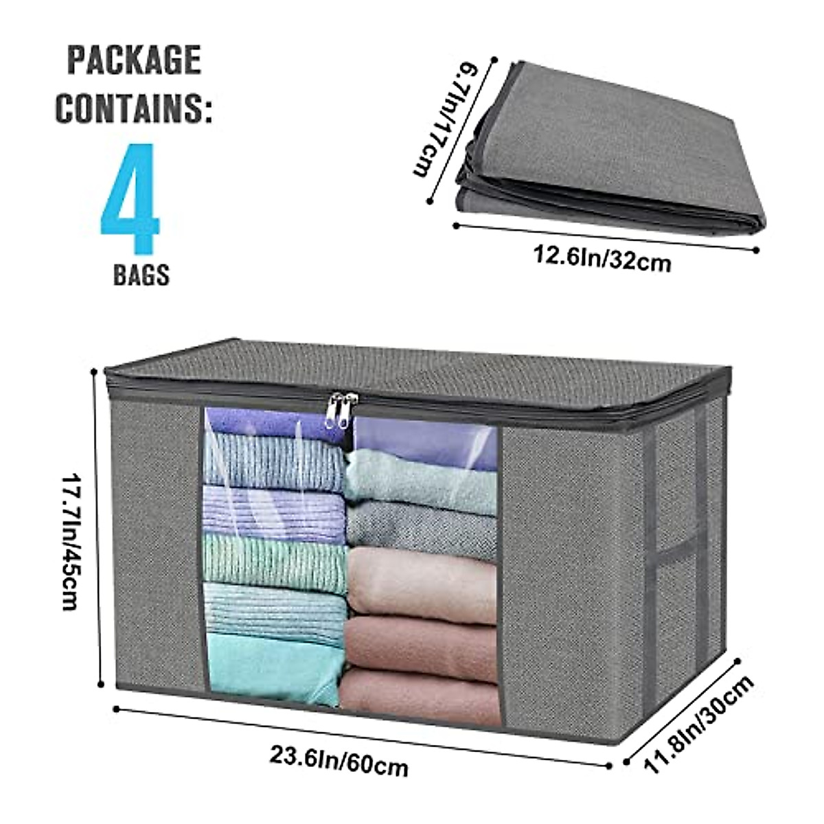 Foldable Large Clothes Comforter Soft Storage Bags, Breathable Linen Closet Storage and Organizers for Blankets, with Sturdy Zippers Clear Window, Set of 2 Grey with Printing
