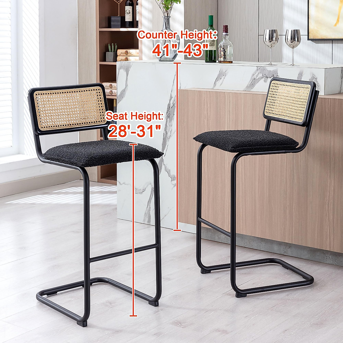 ONEVOG Boucle Rattan Bar Stools Set of 2, 29'' Bar Height Stools with Natural Cane Back, Solid Wood Frame Bar Chairs with Chrome Legs, Cantilevered Design Upholstered Stools, Black