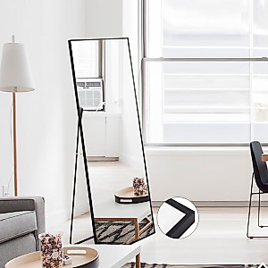 Black Full Length Floor Mirror with Stand for Bedroom and Bathroom Large Wall Hanging Mirror with Shatterproof for Living Room and Closet Aluminum Alloy Frame, Big Size, Free Standing, Gym Mirror