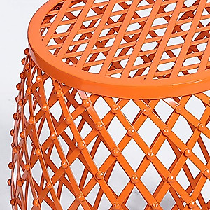 Adeco Hatched Diamond Pattern Home Garden Accents Wire Round Iron Metal Stool Side End Table Plant Stand Chair, Orange Red
